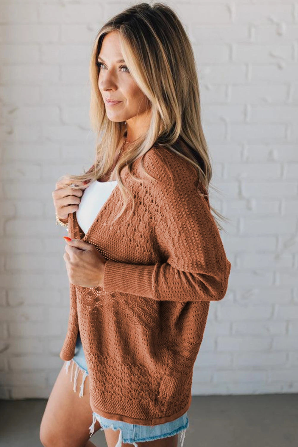 DLLS160 - Ladies Redwood Burl Mix Pattern Hollowed Knit Open Front Car ...